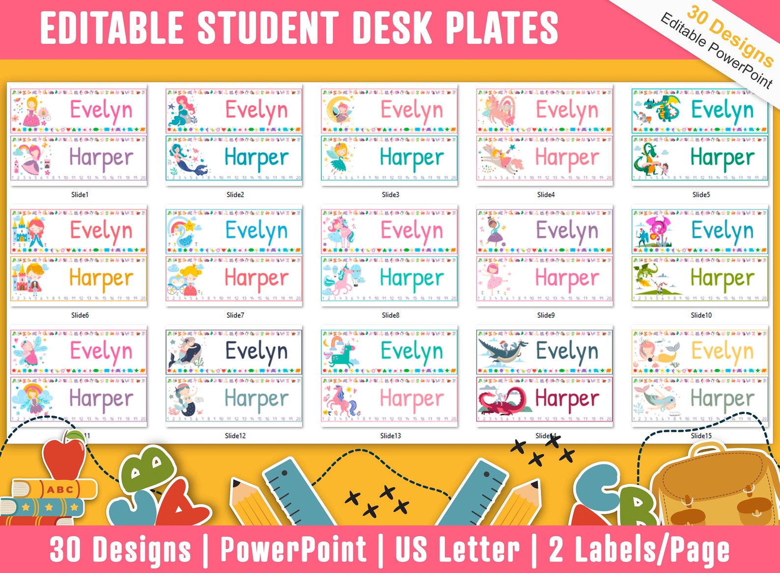 Student Desk Plates, 30 Printable/editable Unicorn, Princess, Fairy ...