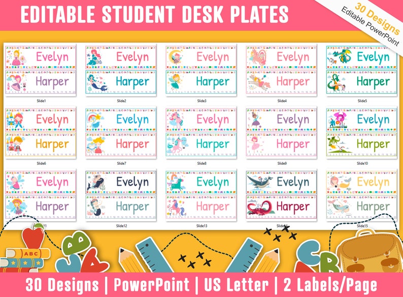 Student Desk Plates, 30 Printable/editable Unicorn, Princess, Fairy ...