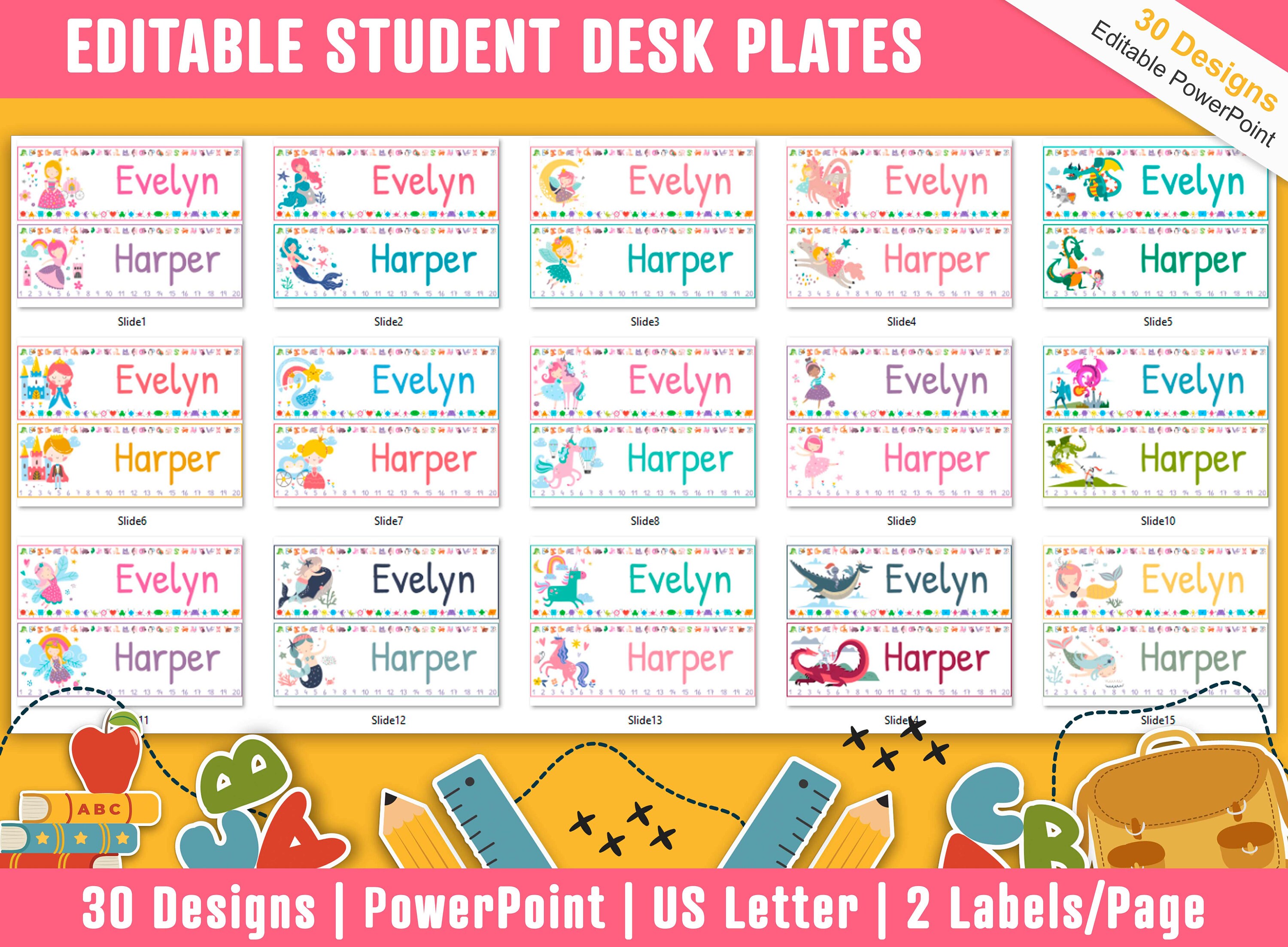 Student Desk Plates, 30 Printable/editable Unicorn, Princess, Fairy ...