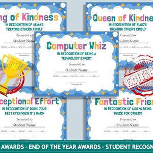 26 Editable Class Awards - End of the Year Awards - Student Recognition ...