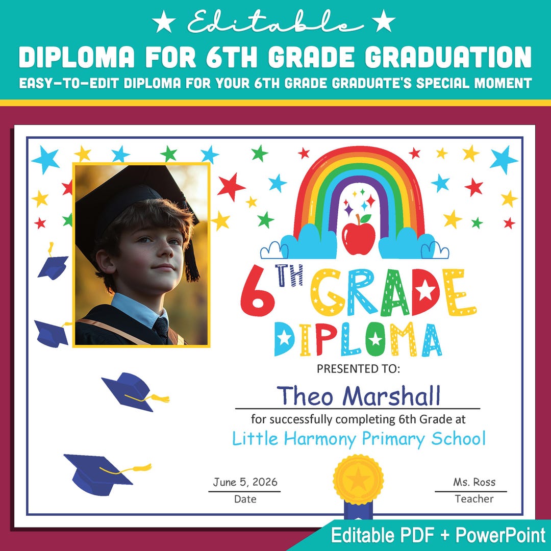 6th Grade Diploma Template With Photo: Editable PDF & Powerpoint for ...