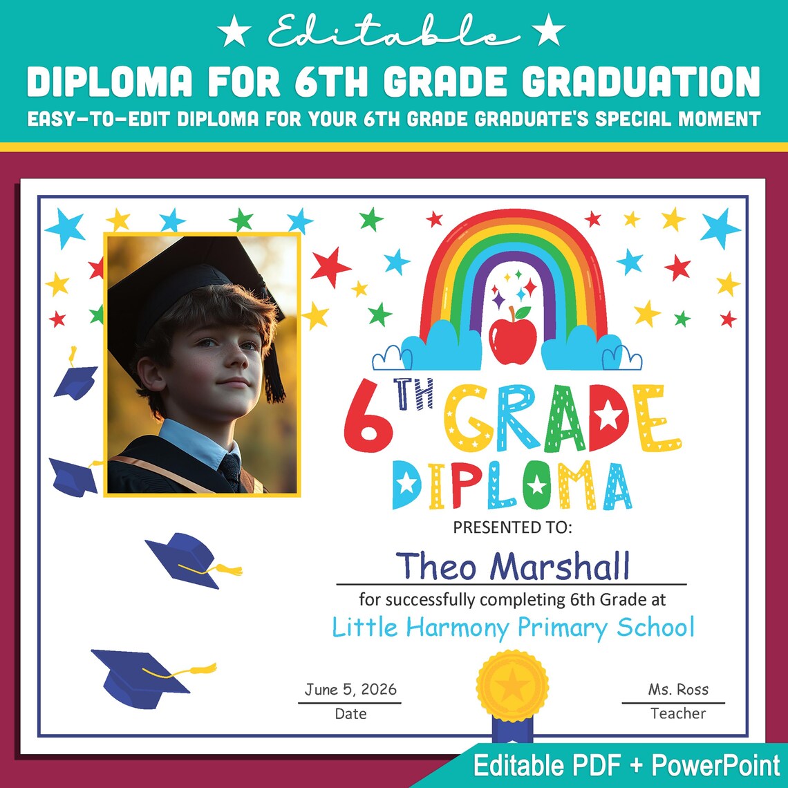 6th Grade Diploma Template With Photo: Editable PDF & Powerpoint for ...