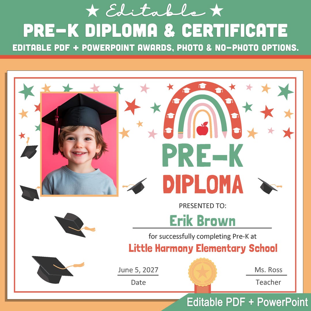 Editable Pre-k Graduation Diploma & Certificate Set, Retro Rainbow ...