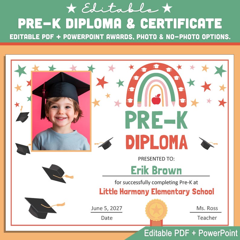 Editable Pre-k Graduation Diploma & Certificate Set, Retro Rainbow ...