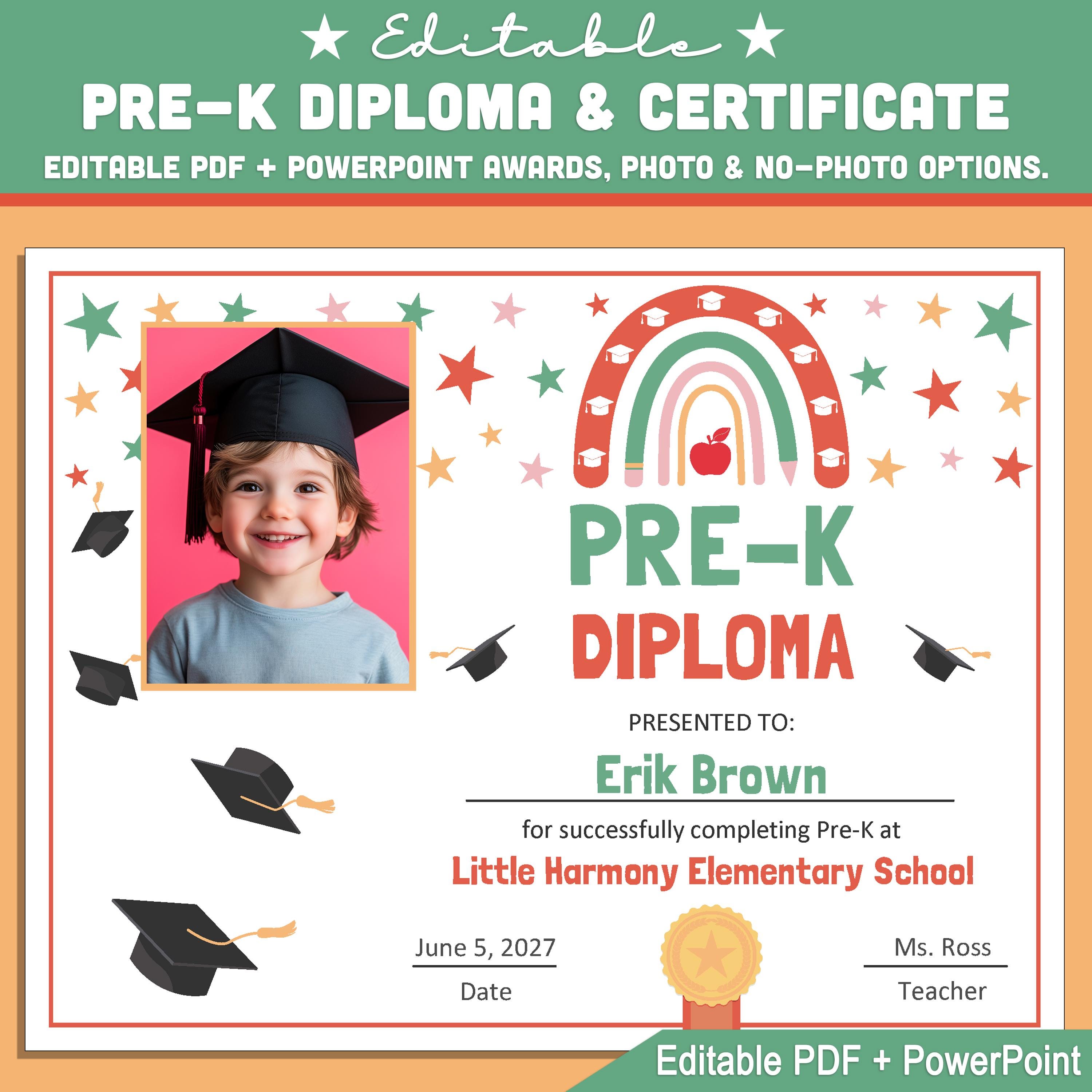 Editable Pre-k Graduation Diploma & Certificate Set, Retro Rainbow ...