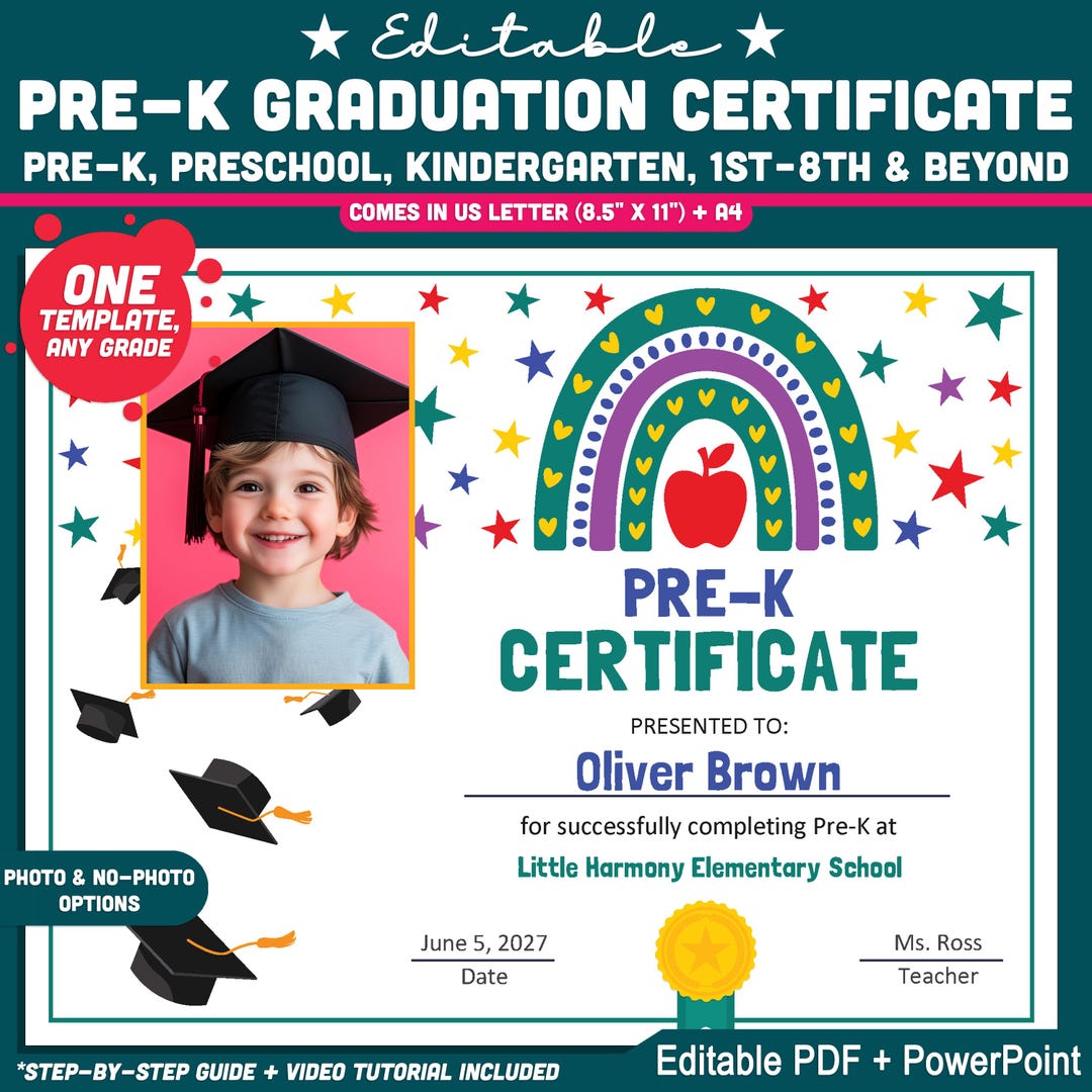 Editable Pre-k Graduation Certificate, Rainbow and Star Theme, Photo ...