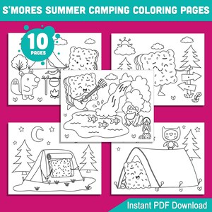 S'mores Summer Camping Coloring Pages for Kids, 10 Printable Sheets ...