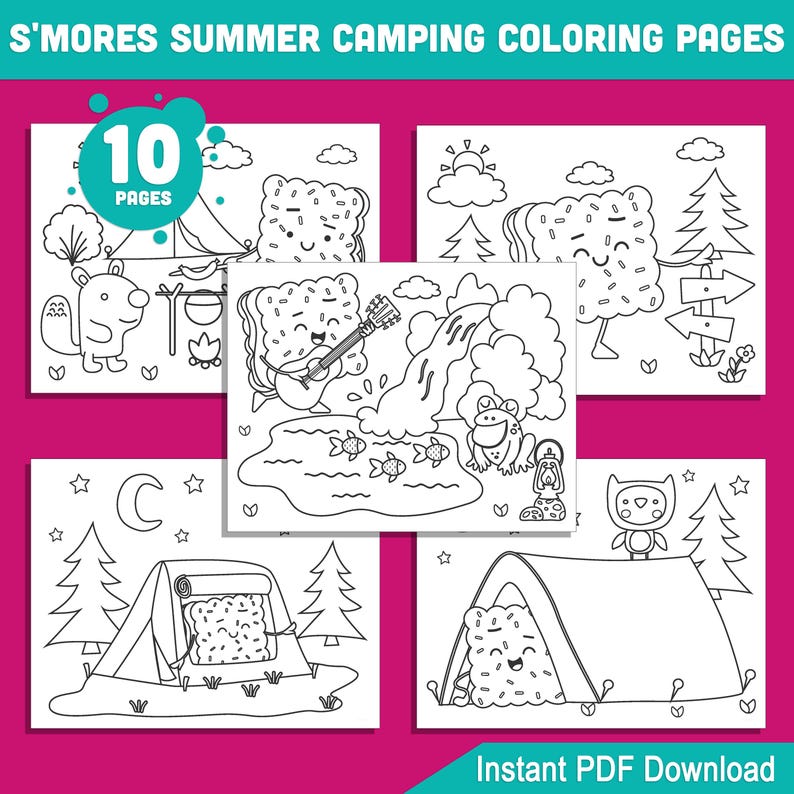 S'mores Summer Camping Coloring Pages for Kids, 10 Printable Sheets ...