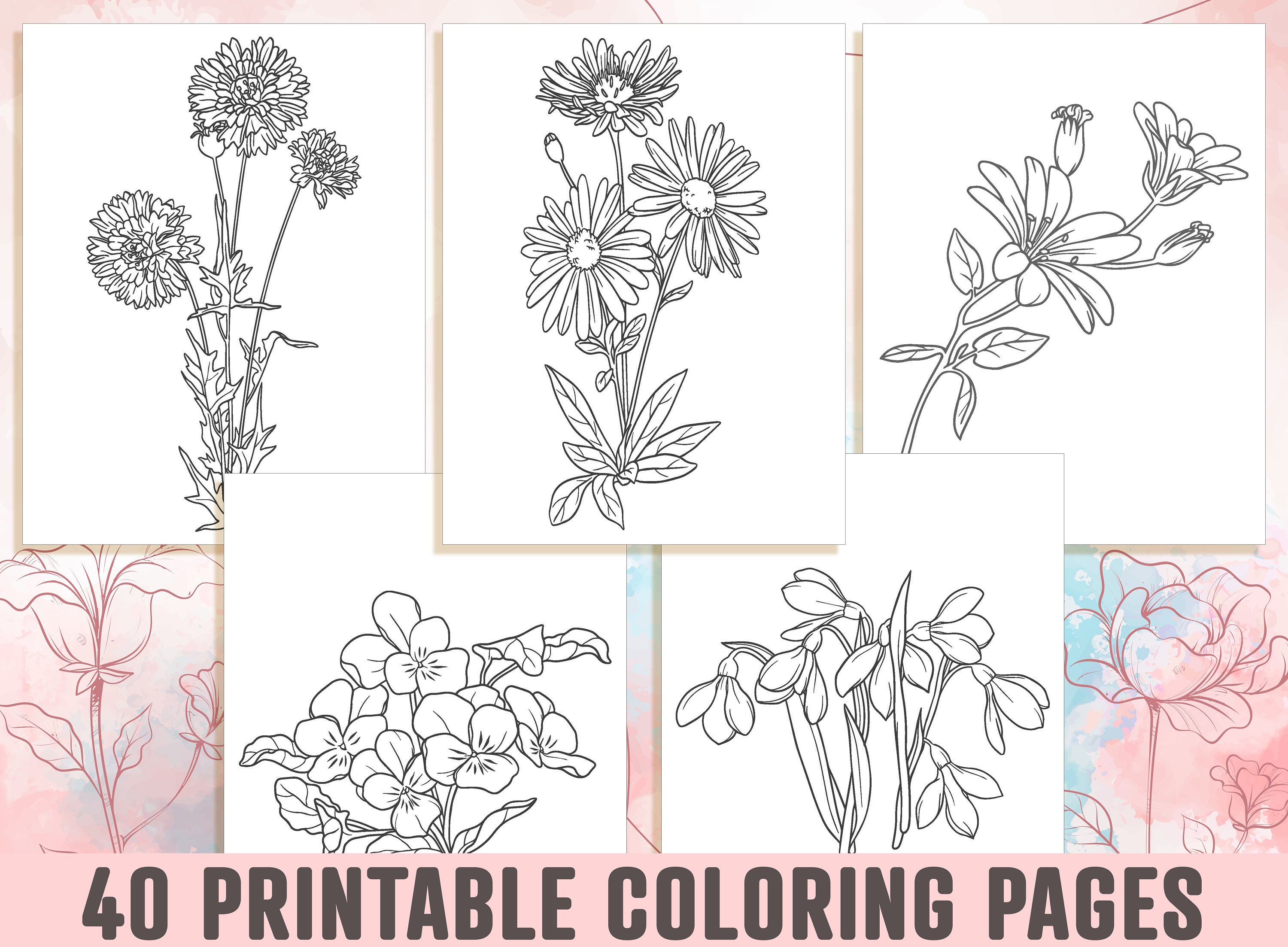 Floral Coloring Pages 40 Beautiful Floral and Flower - Etsy