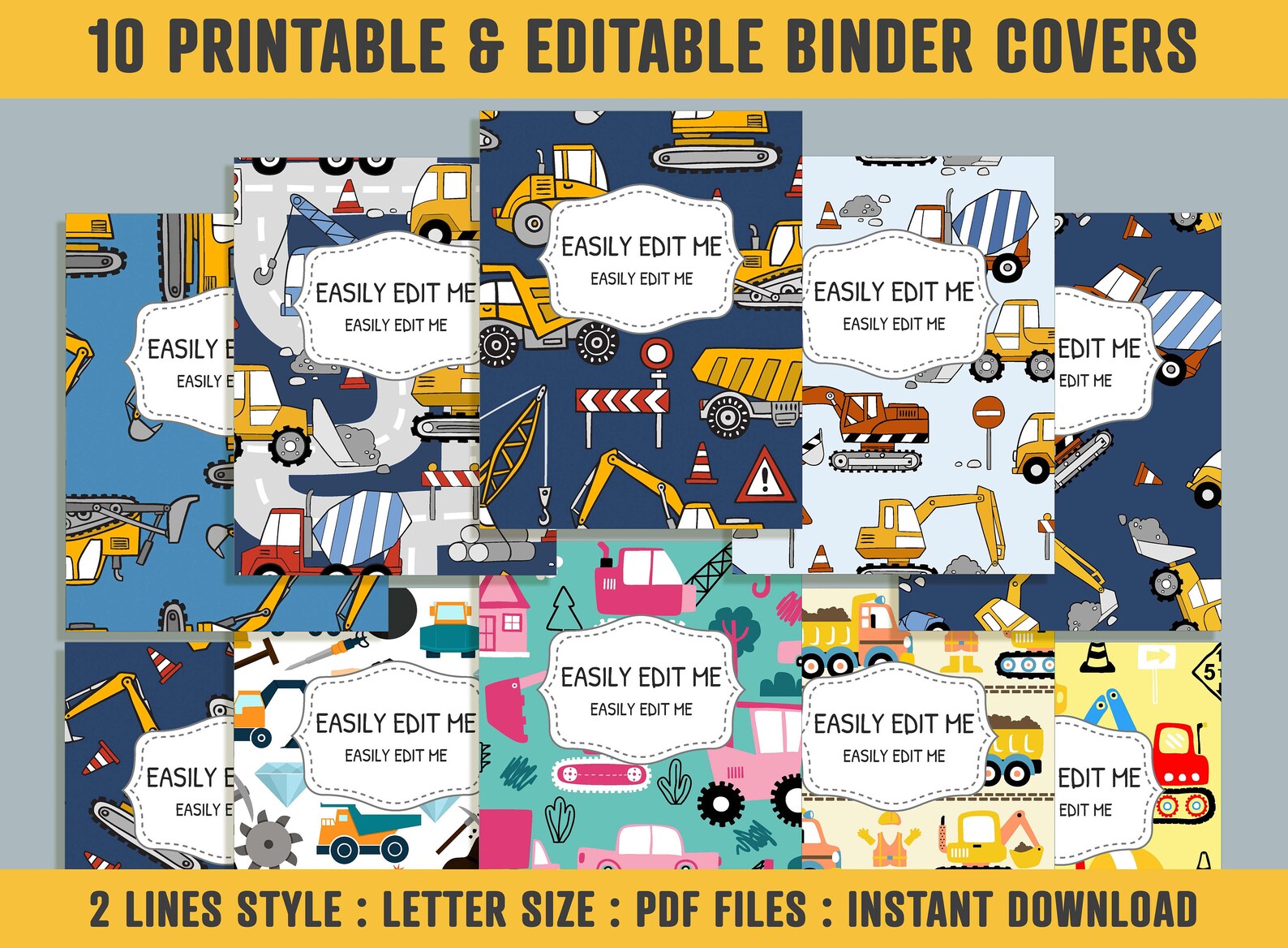 Construction Truck Binder Cover 10 Printable & Editable - Etsy
