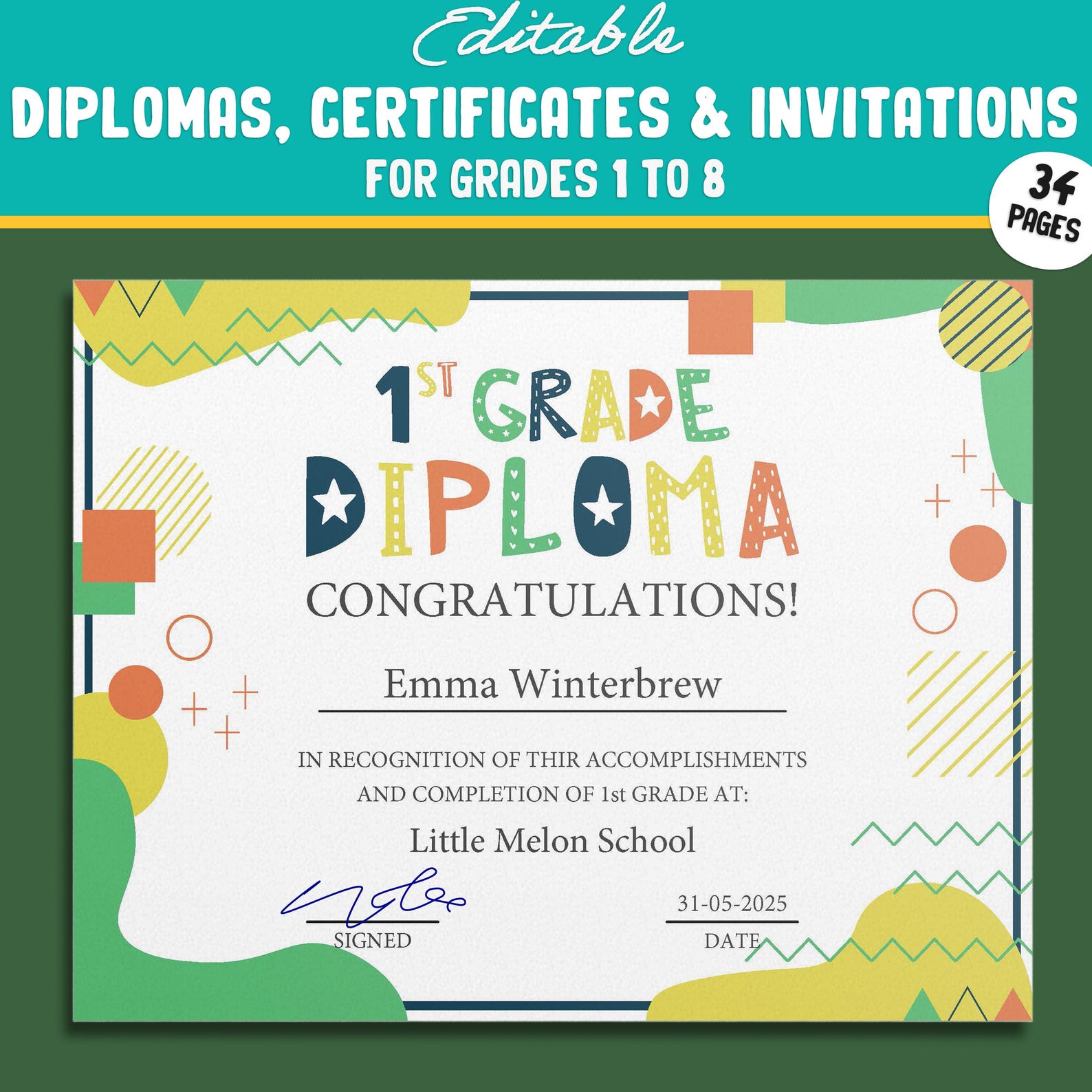 34 Editable First Grade Diplomas, 1st-8th Grade Certificates, Diplomas ...