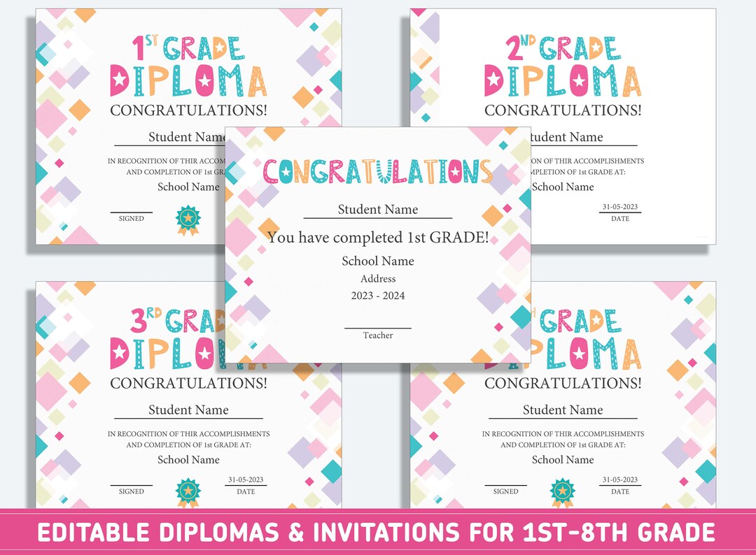 Editable 4th Grade Diploma, 1st to 8th Grade Diploma, Certificate of ...