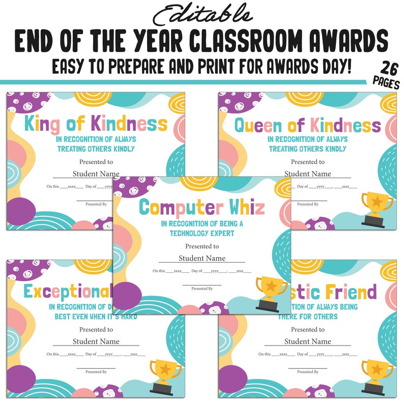 Editable and Fun End of Year Class Awards for Students, 26 Pages, PDF ...