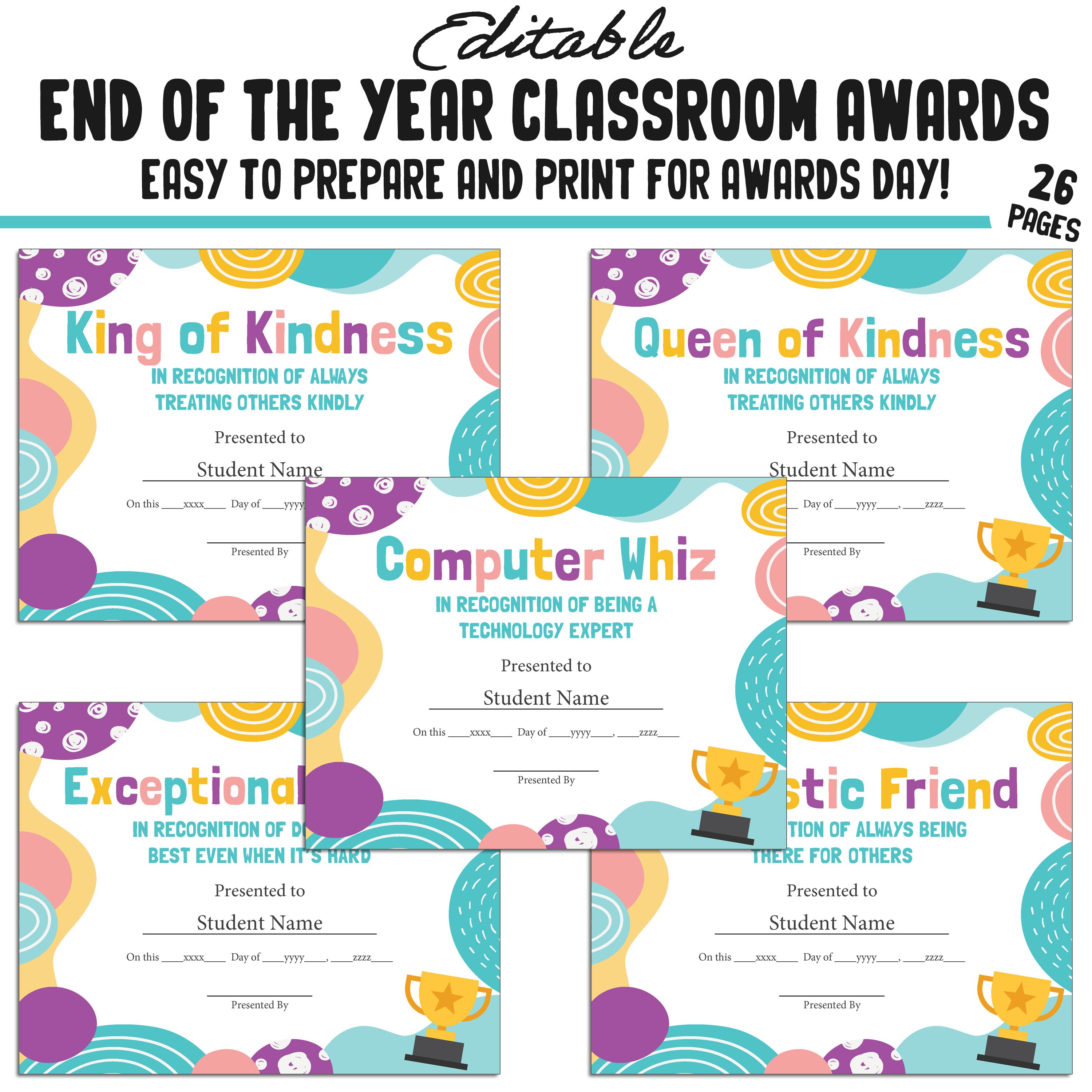 Editable and Fun End of Year Class Awards for Students, 26 Pages, PDF ...