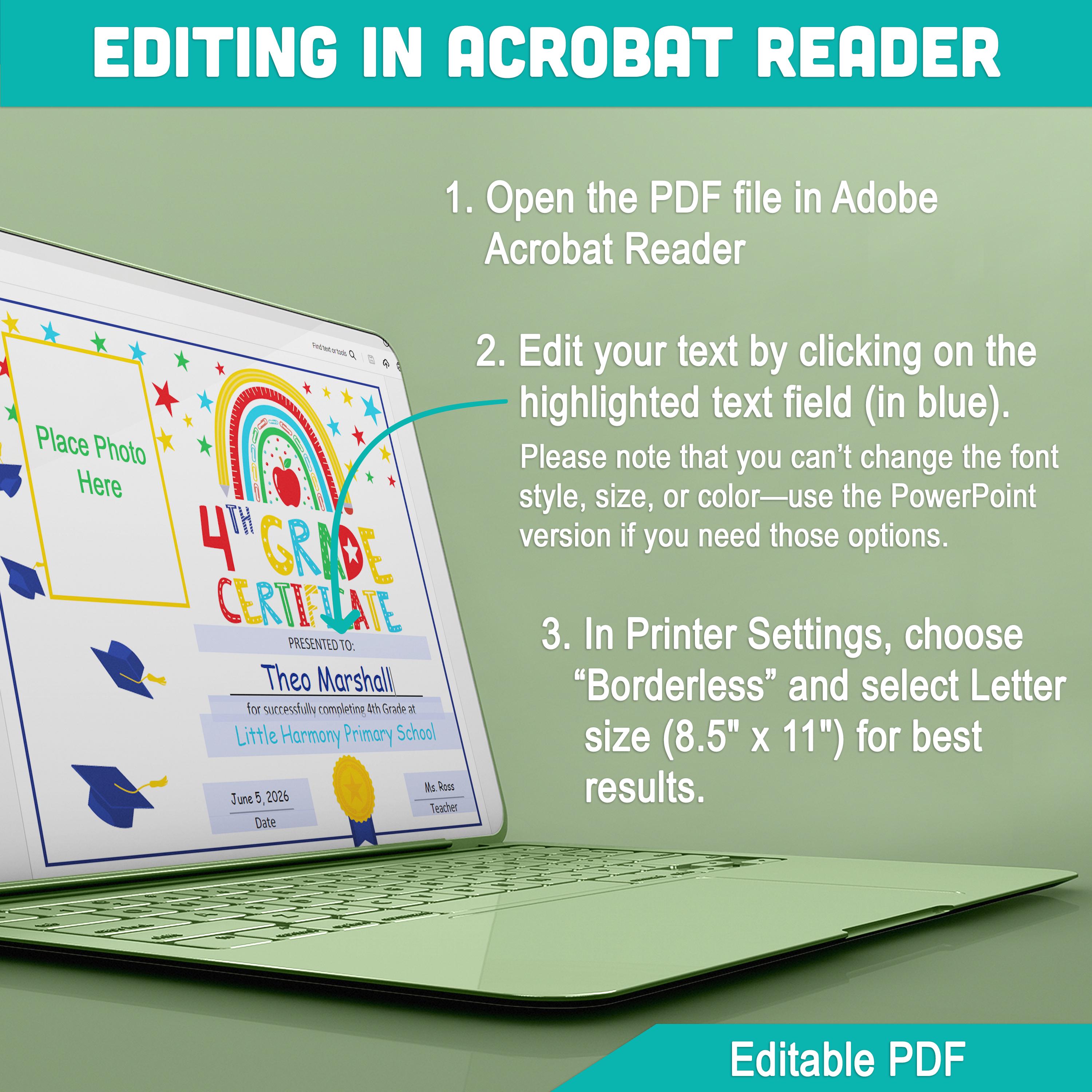 Editable 4th Grade Certificate Template With Photo: 8.5x11 PDF ...