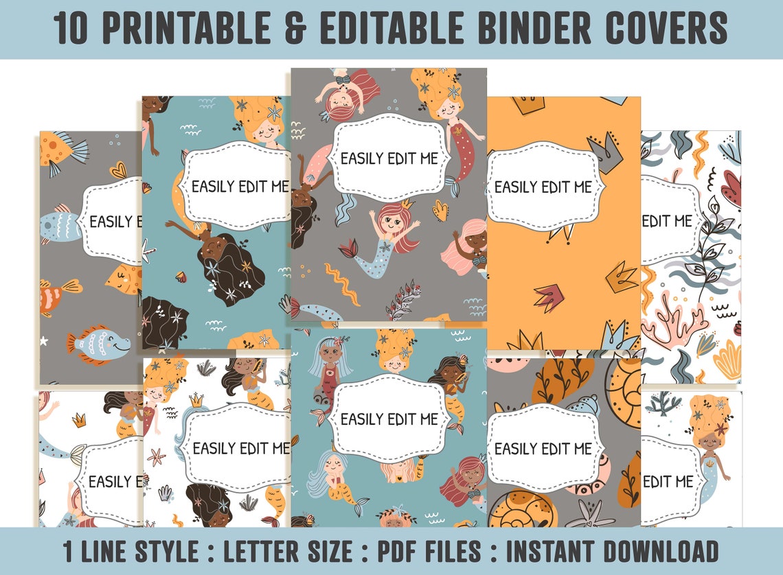 Mermaids & Sea Animals Binder Covers, 10 Printable/editable Binder ...