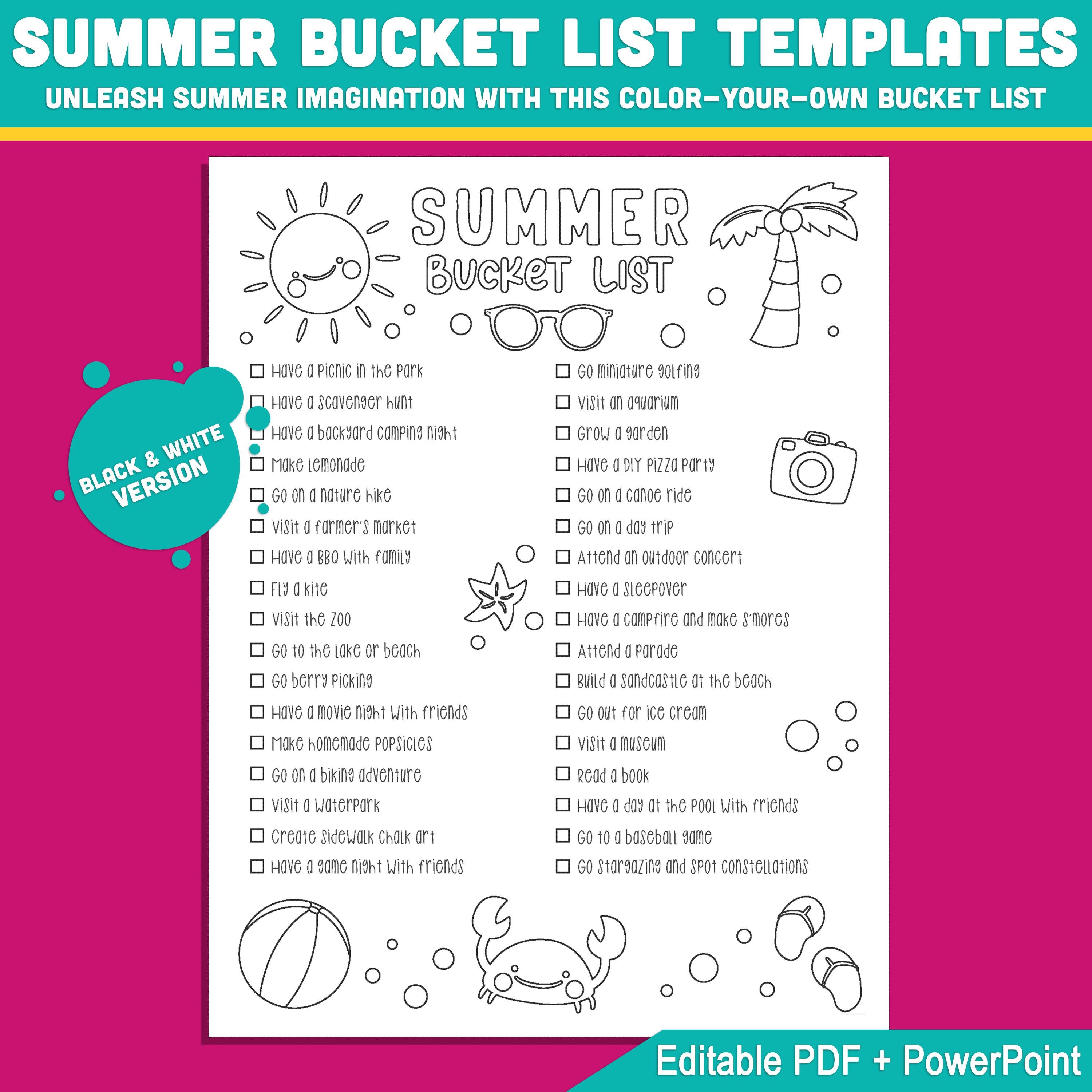 Summer Activity Checklist for Children: Editable Bucket List Templates ...