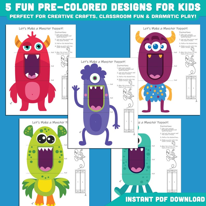 DIY Monster Paper Puppet Craft for Kids: 5 Pre-colored + 5 Black ...