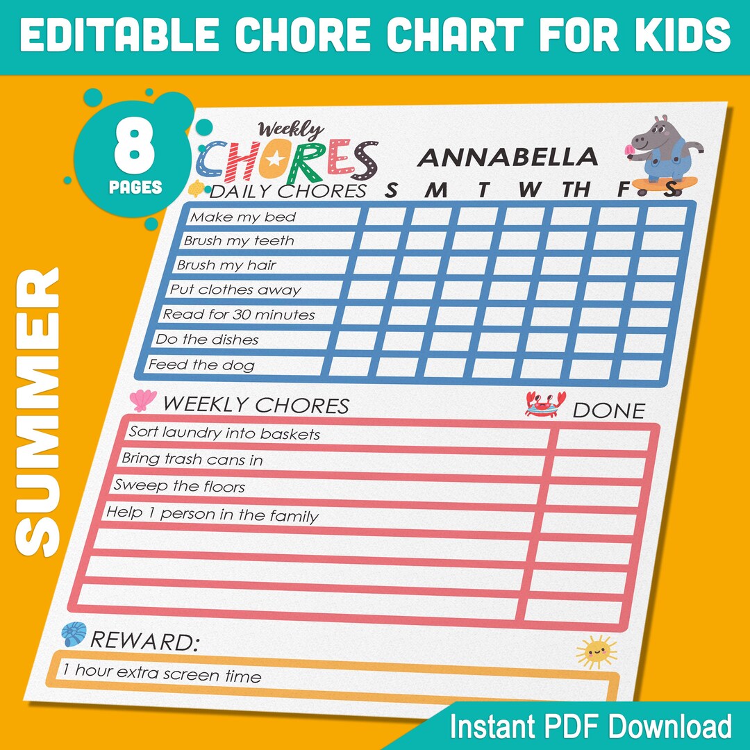 Summer Chore Chart for Kids: Printable/editable Responsibility Tracker ...