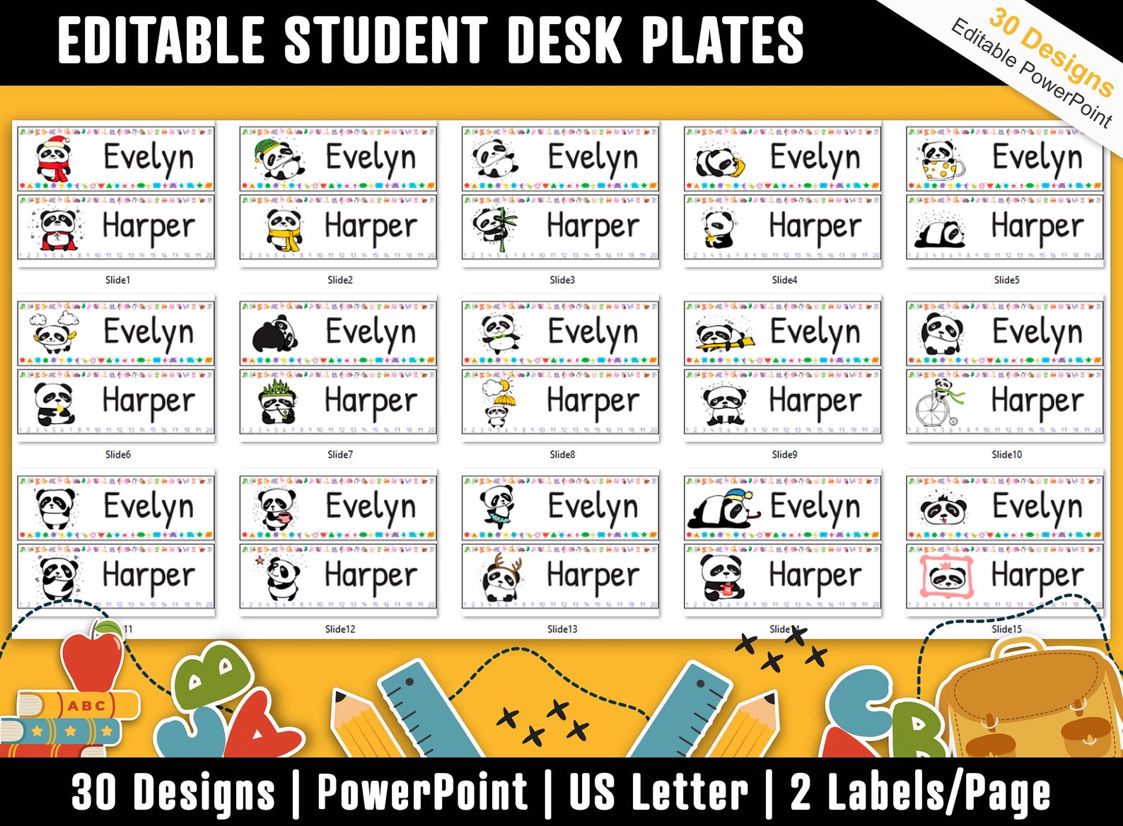 Student Desk Plates, 30 Printable/editable Panda Bear Classroom Name ...