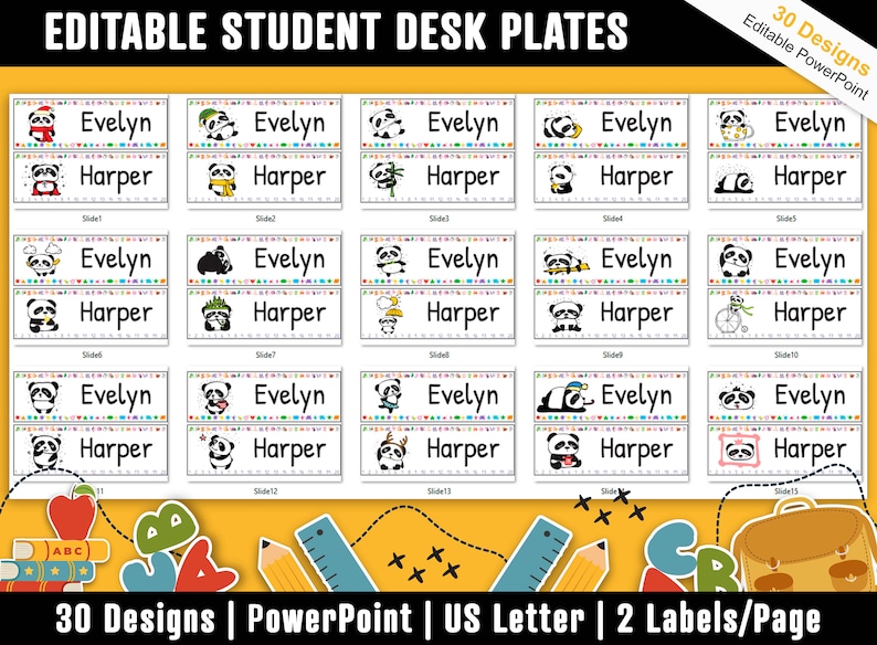 Student Desk Plates, 30 Printable/editable Panda Bear Classroom Name ...