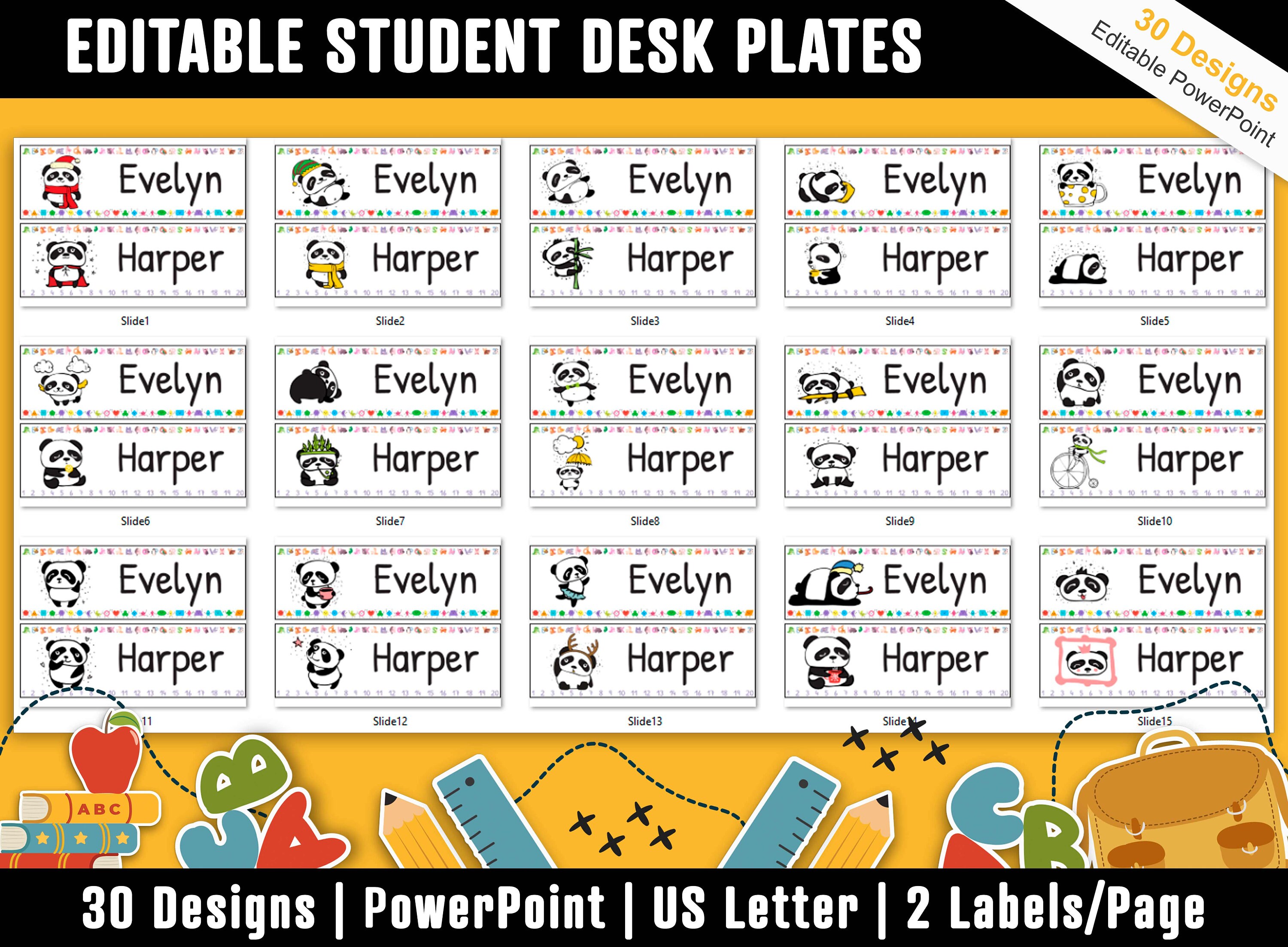 Student Desk Plates, 30 Printable/editable Panda Bear Classroom Name ...