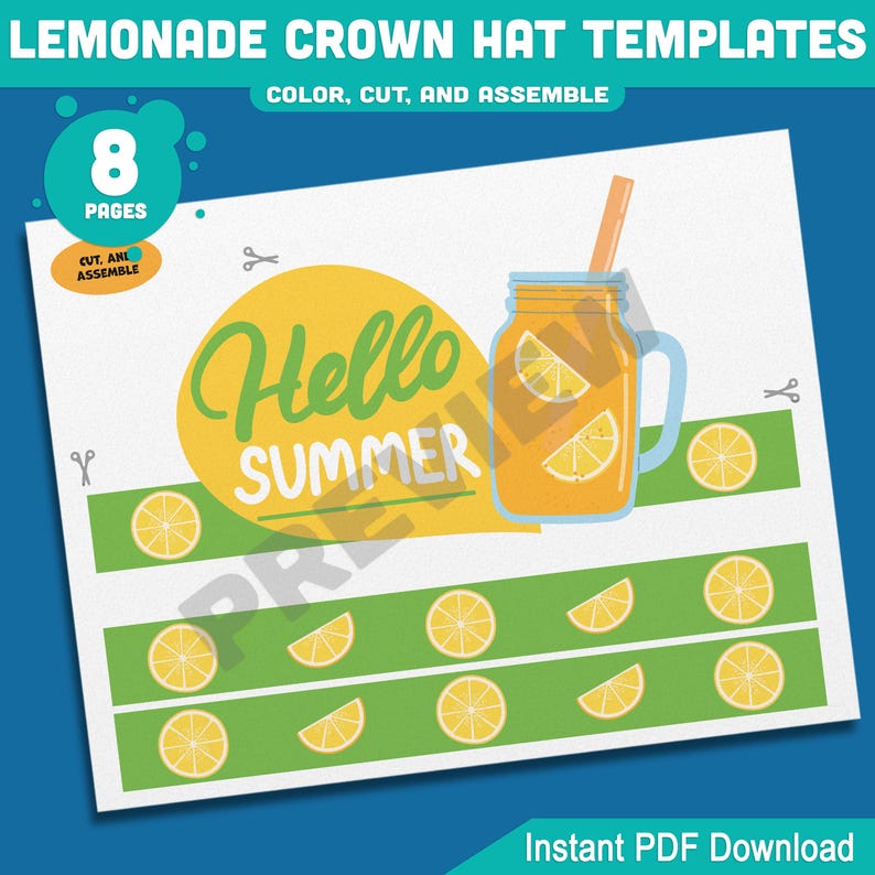 Lemonade Crown Hat Templates, 8 Printable Pages for Summer Crafts, Pre ...