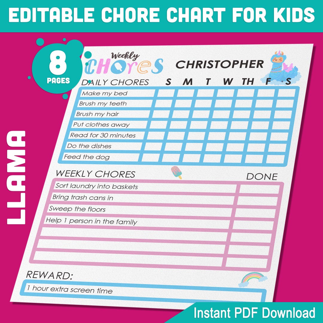 Sparkly Llama Unicorn Chore Chart for Kids – Customizable, Fun ...