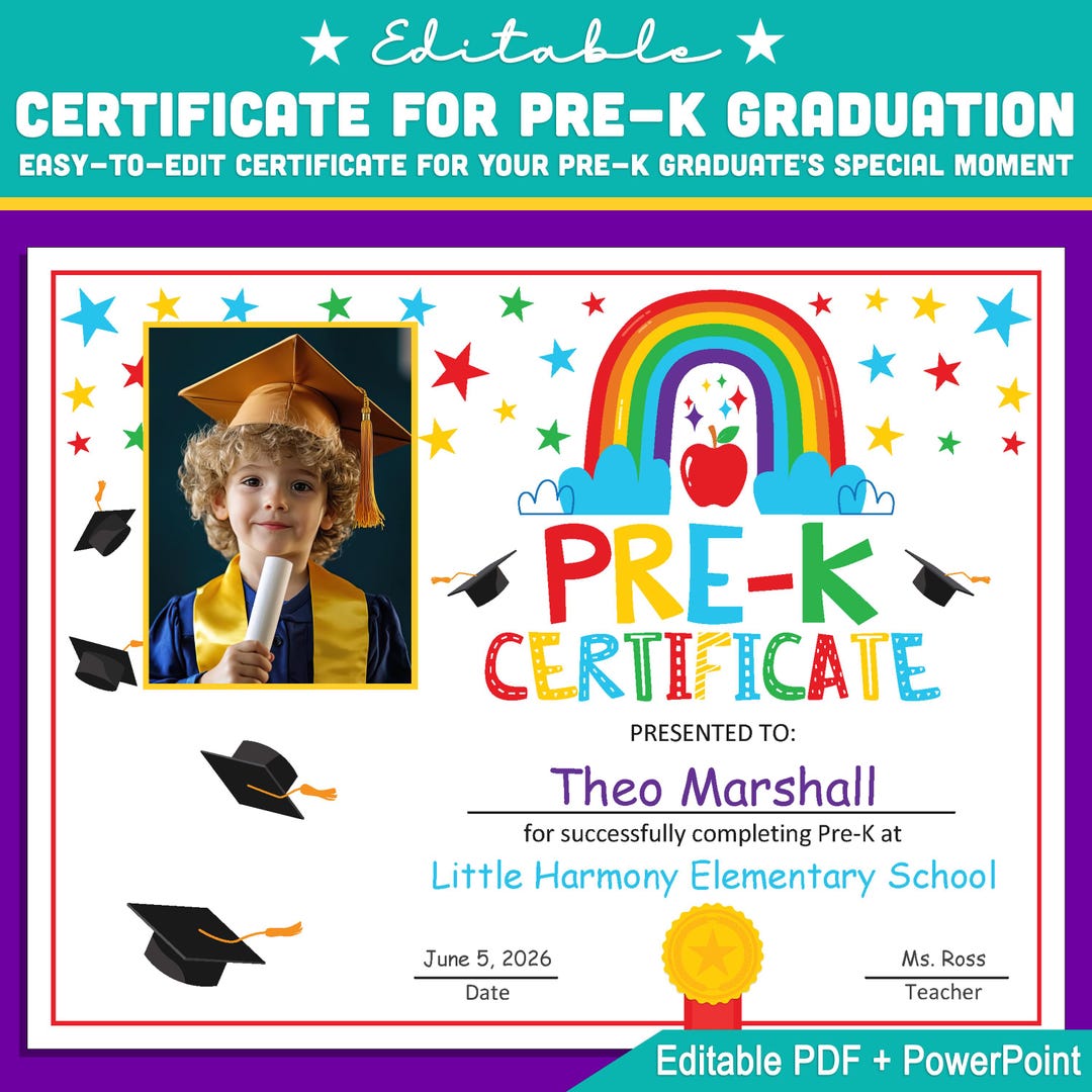 Editable Pre-k Certificate Template With Photo Option: Customizable ...