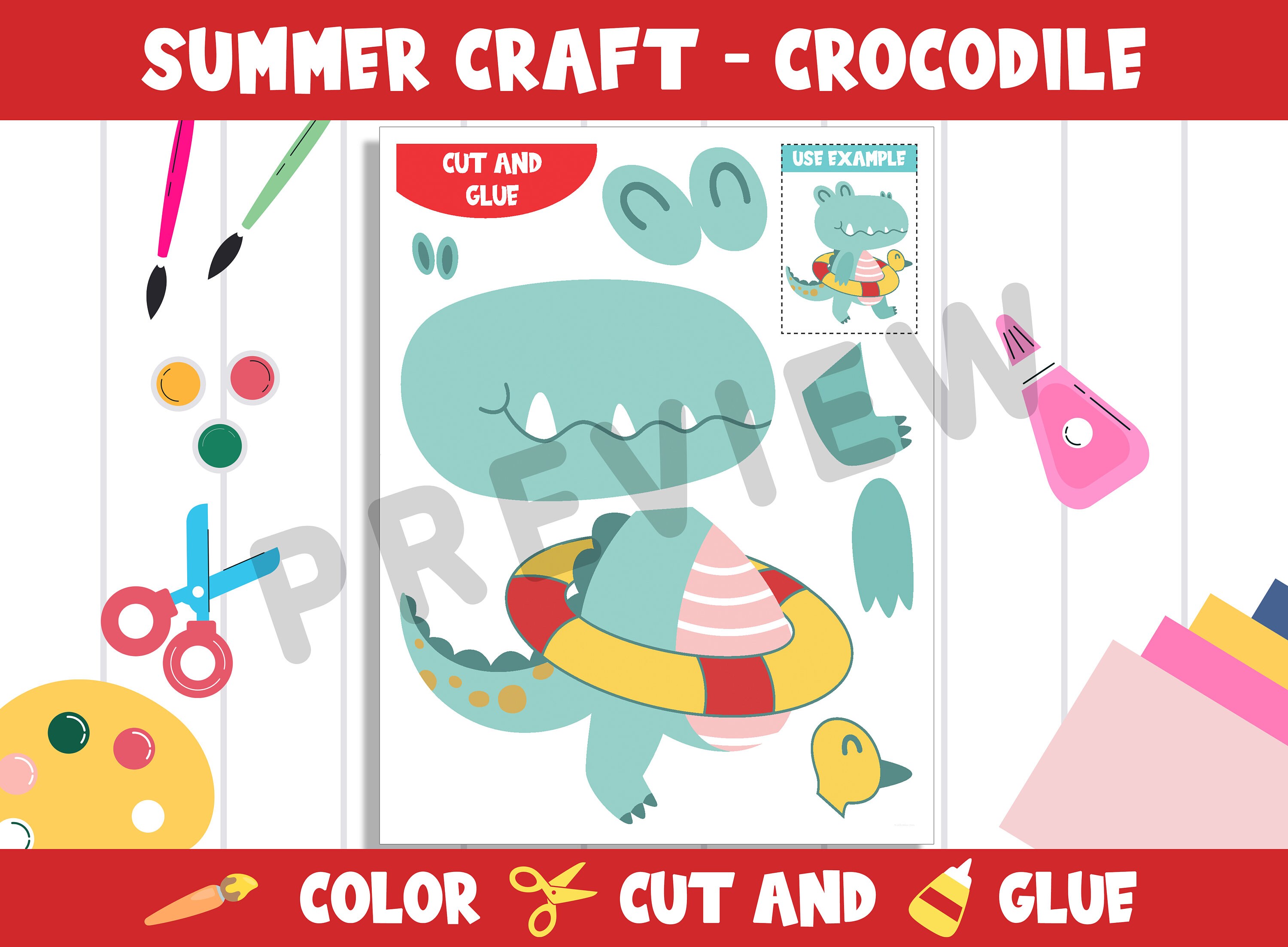 Summer Craft Activity: Crocodile Color, Cut, and Glue for Prek to 2nd ...