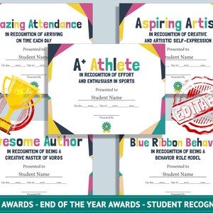 Editable End of School Awards, End of the Year Awards, Student ...