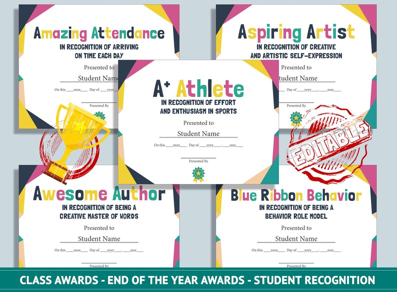 Editable End of School Awards, End of the Year Awards, Student ...