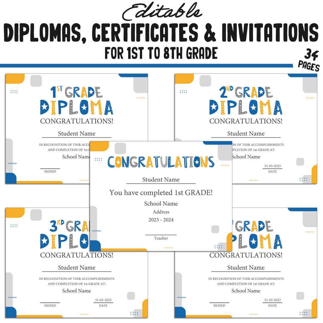 Editable 1st Grade Diploma, 1st-8th Grade Certificates, and Invitation ...