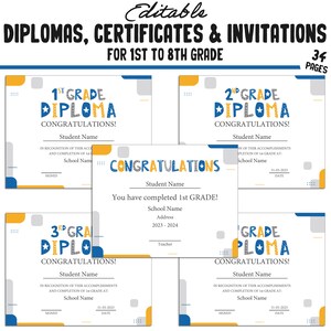 Editable 1st Grade Diploma, 1st-8th Grade Certificates, and Invitation ...