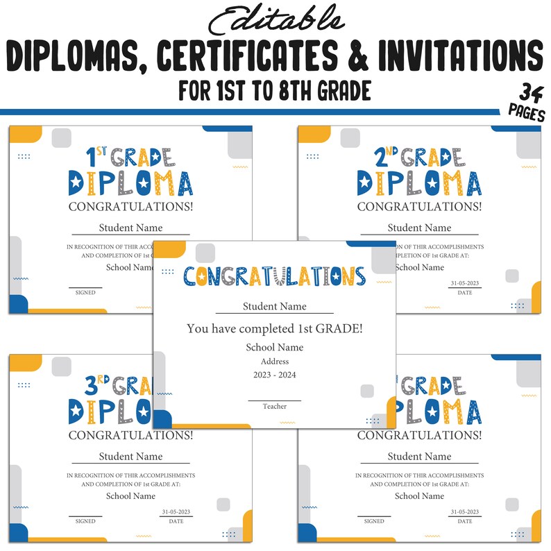 Editable 1st Grade Diploma, 1st-8th Grade Certificates, and Invitation ...