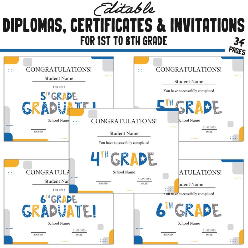 Editable 1st Grade Diploma, 1st-8th Grade Certificates, and Invitation ...