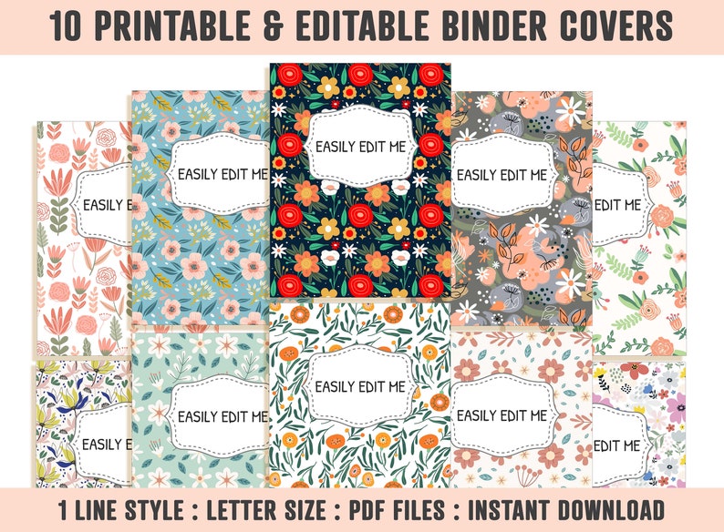 Floral Binder Cover Template, 10 Printable & Editable Binder ...