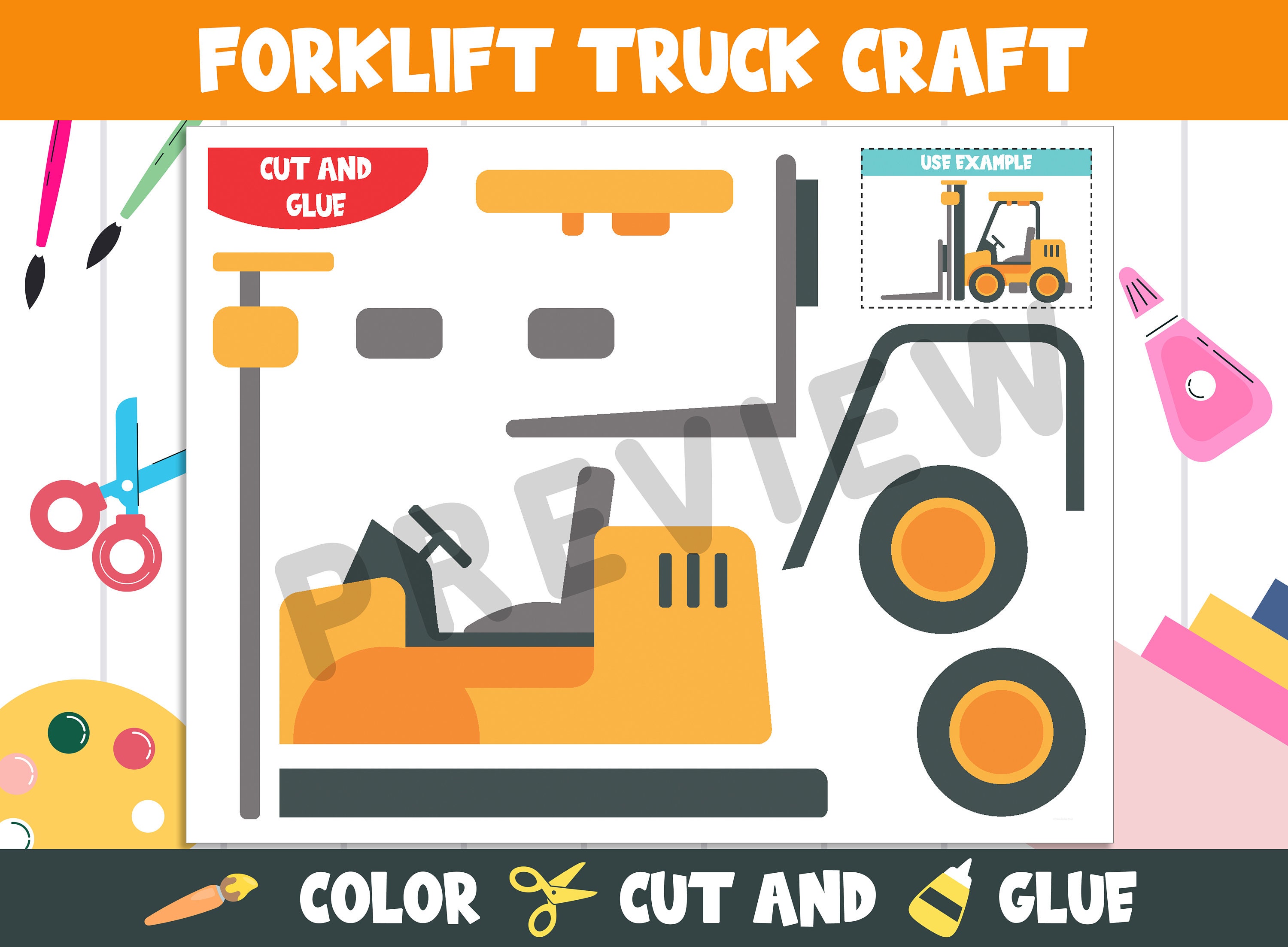 Construction Vehicle : Forklift Truck Craft Activity Color, Cut, and ...