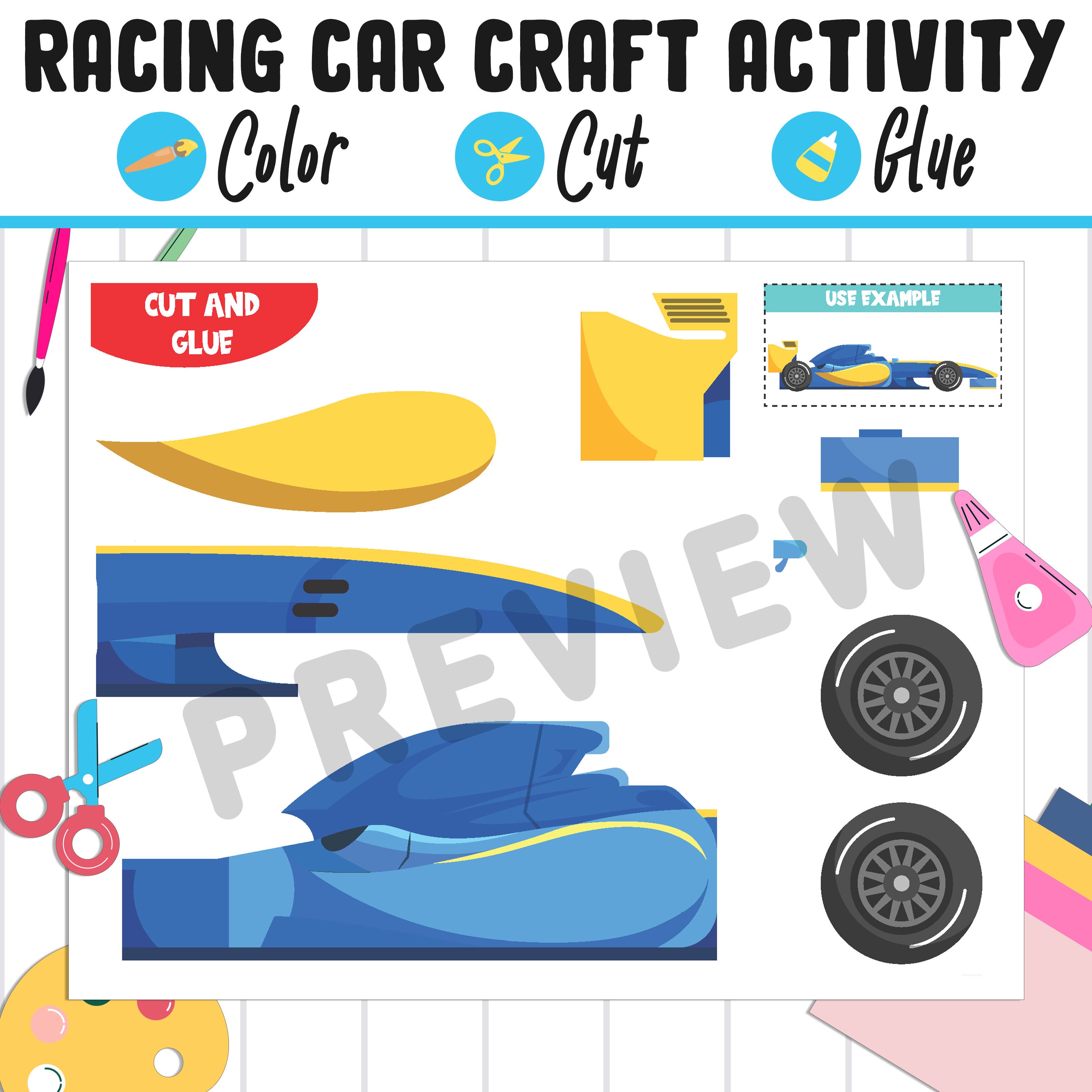 Racing Car Craft Activity - Color, Cut, and Glue for Prek to 2nd Grade ...
