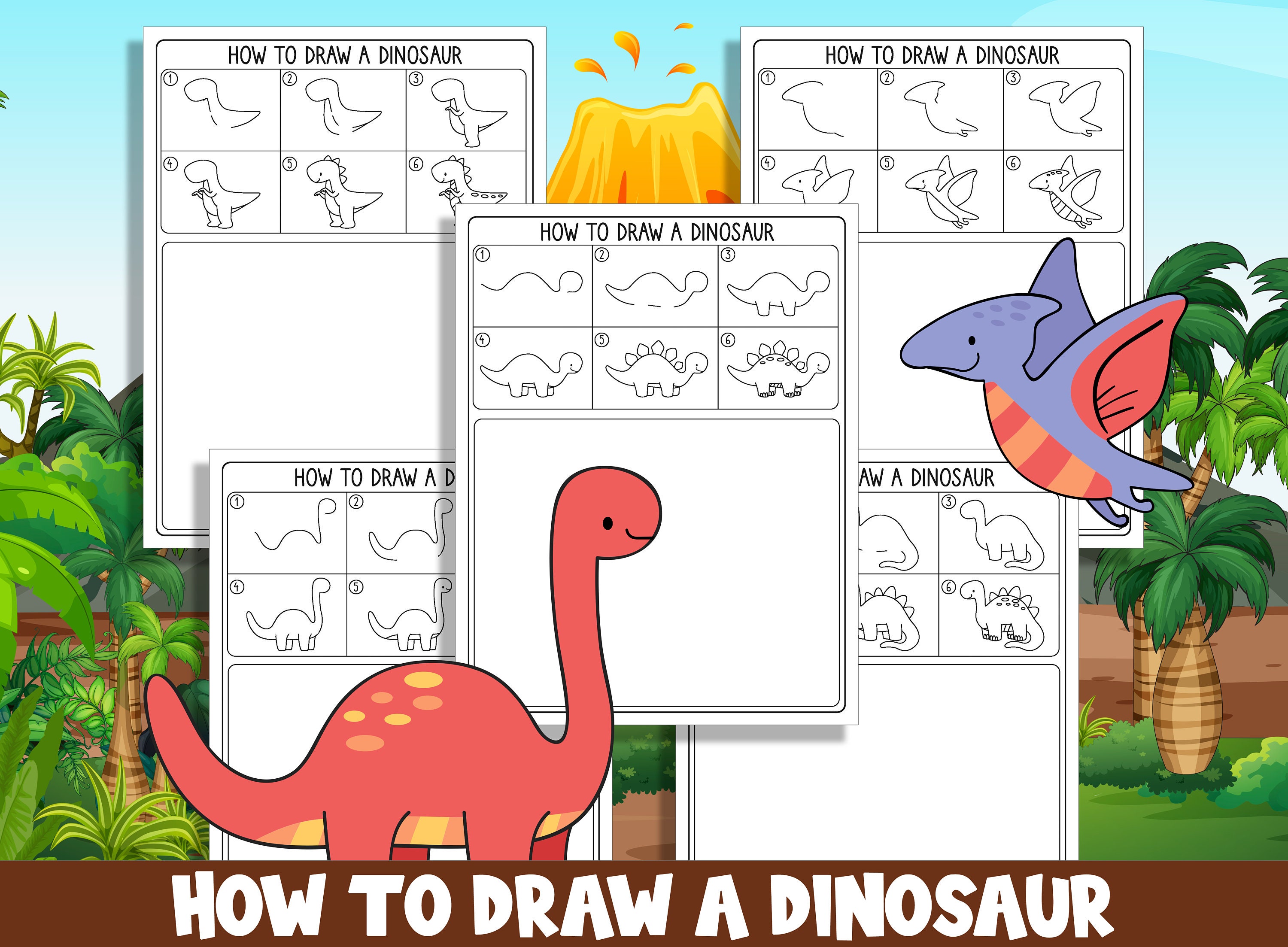 Learn How to Draw a Dinosaur Directed Drawing Step by Step - Etsy