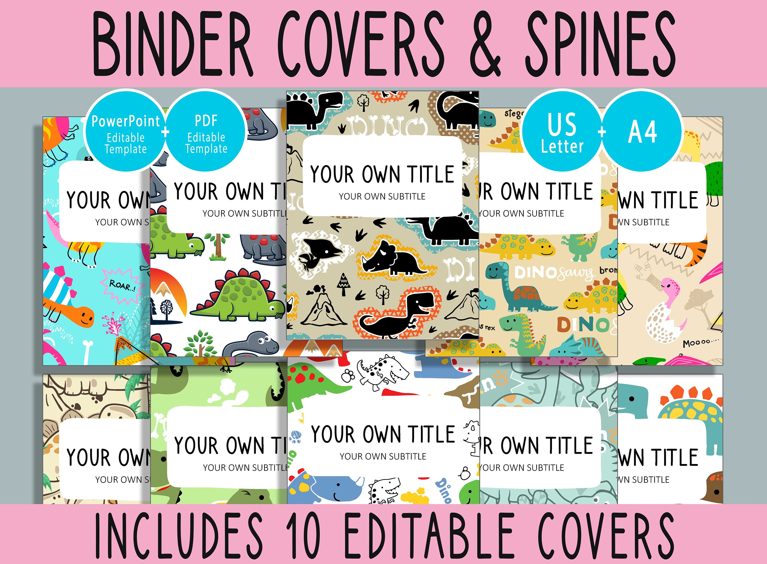 10 Editable Cute Dinosaur Binder Covers, Includes 1, 1.5, 2 Spines ...