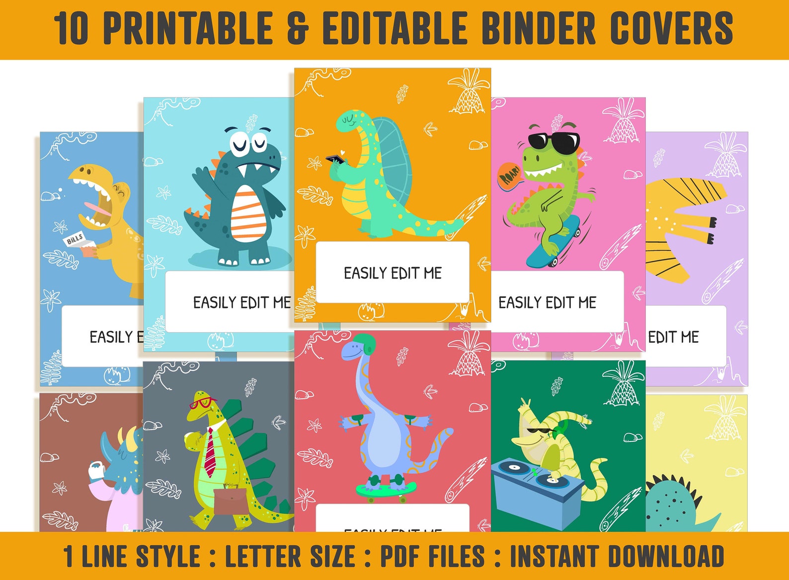 Dinosaur Binder Cover, 10 Printable & Editable Covers+spines, Binder ...