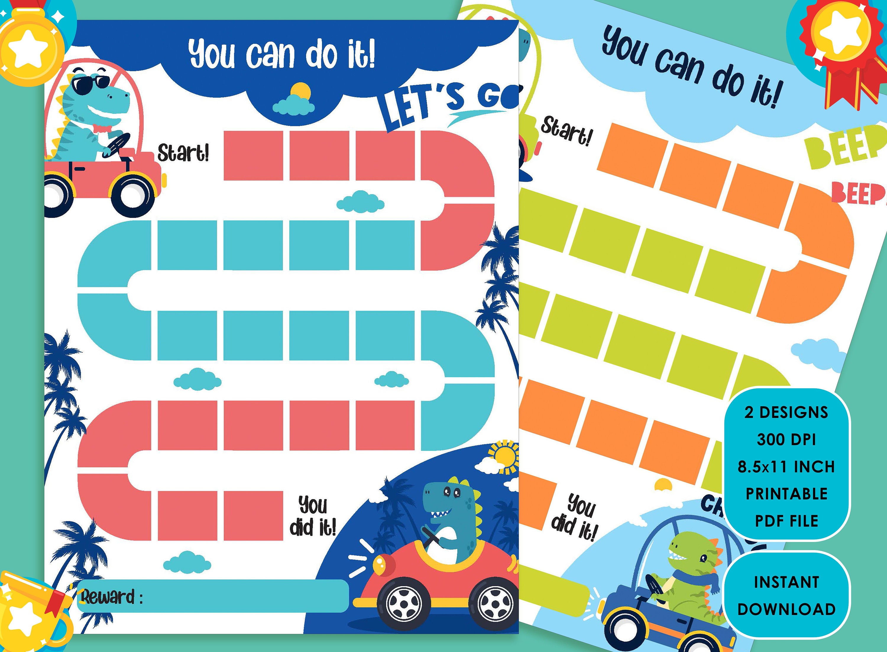 Printable Dinosaur Driving Reward Chart for Kids: 2 Fun Designs to ...