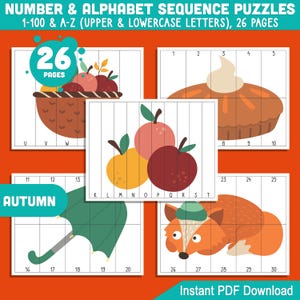 Autumn Number and Alphabet Sequence Puzzles: 1-100 and A-Z Printable ...