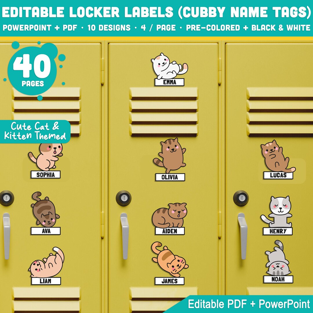 Editable Locker Labels (cubby Name Tags), Cute Cat and Kitten Themed ...
