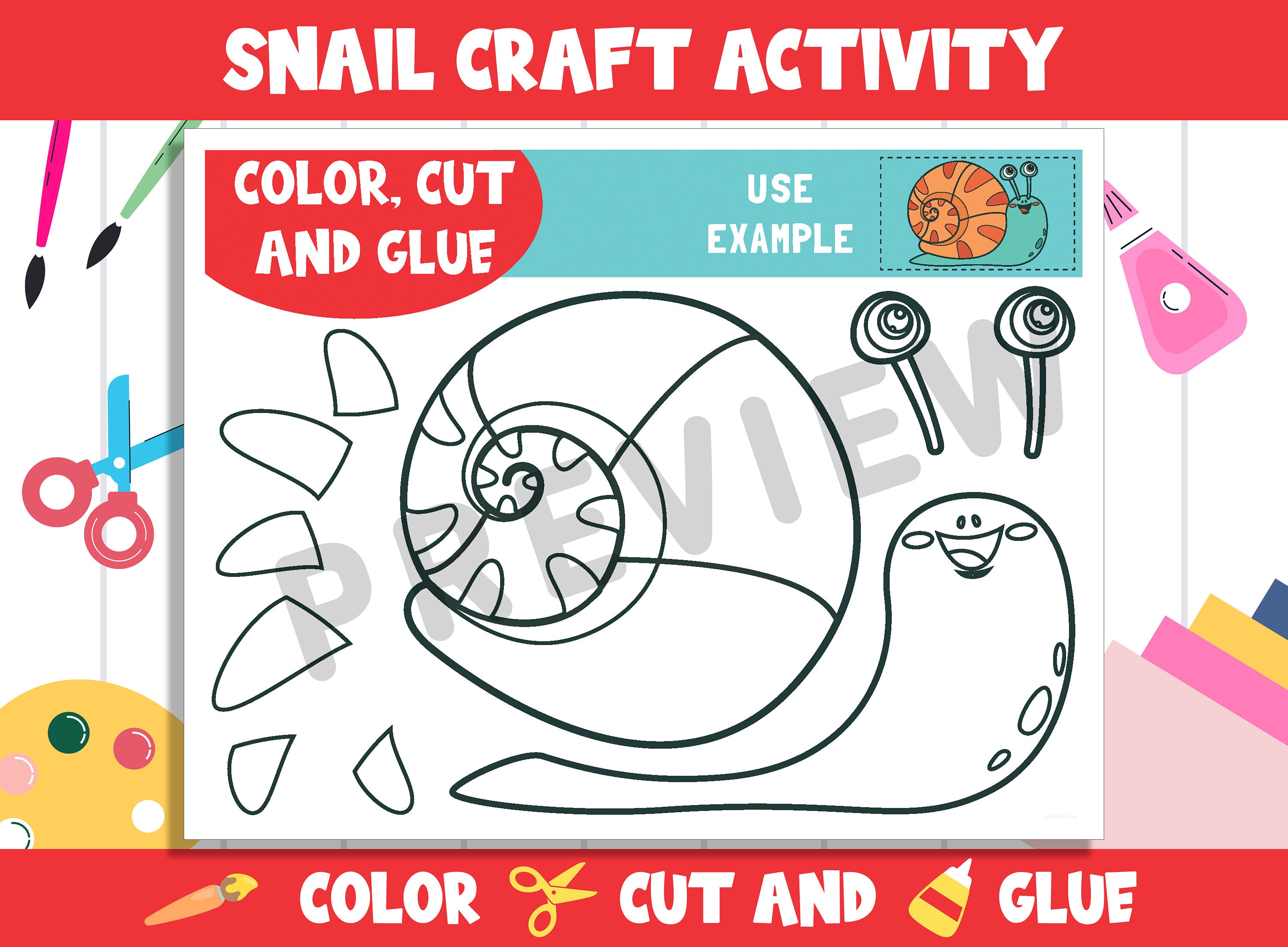 Cute Snail Craft Activity Color, Cut, and Glue for Prek to 2nd Grade ...