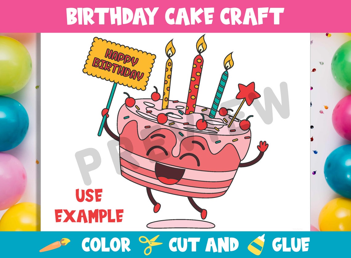 Birthday Cake Craft Activity - Color, Cut, and Glue for Prek to 6th ...