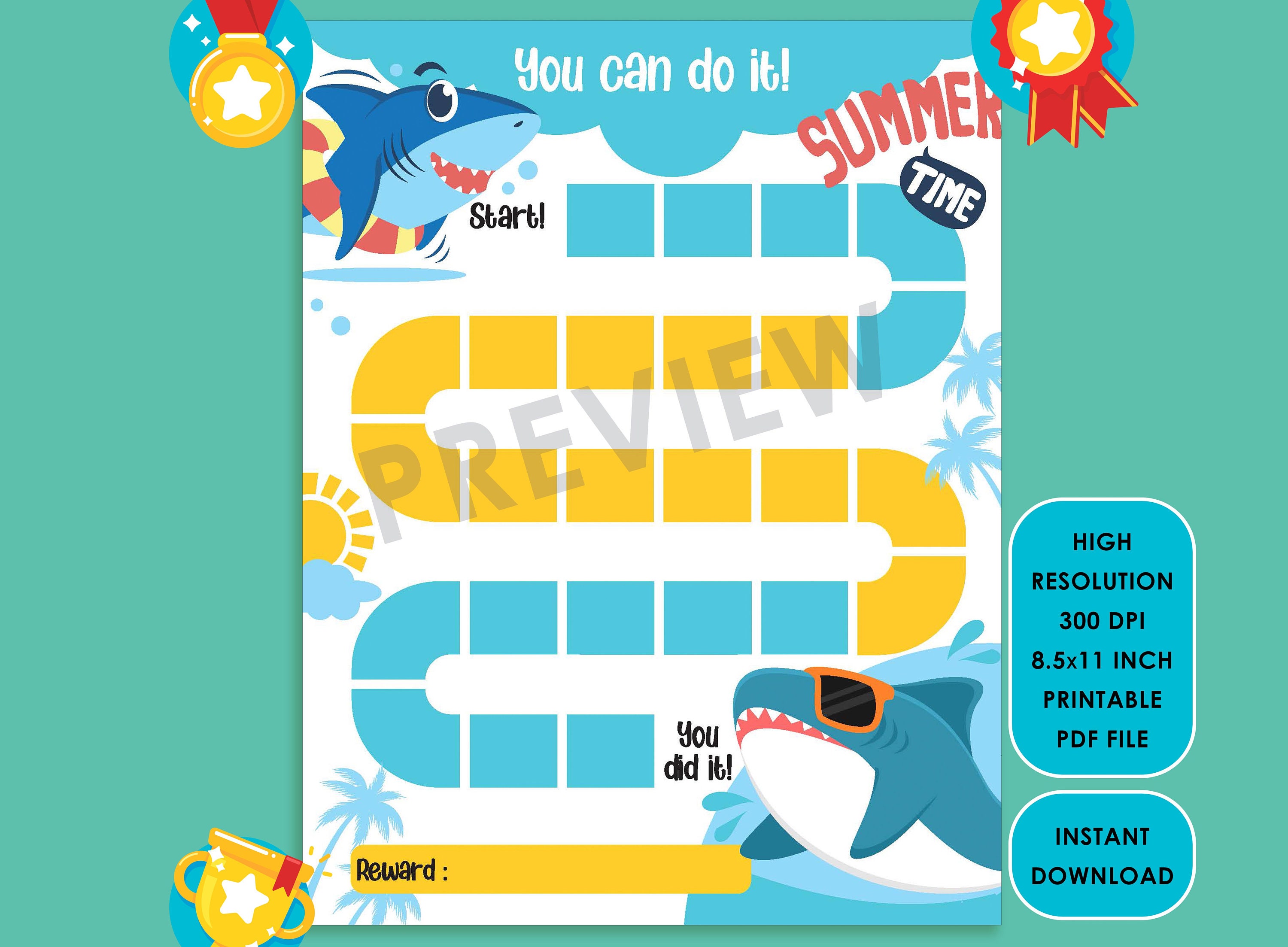 Printable Cool Shark Summer Reward Chart for Kids: Fun Summer Theme, 2 ...