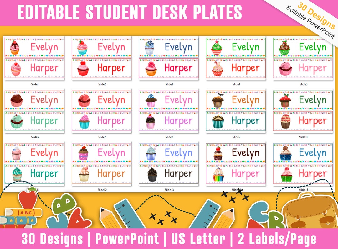 Student Desk Plates 30 Printable/editable Cupcake & Muffin Classroom ...