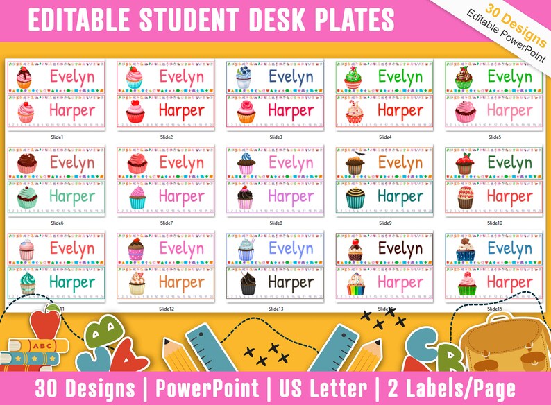 Student Desk Plates 30 Printable/editable Cupcake & Muffin Classroom ...